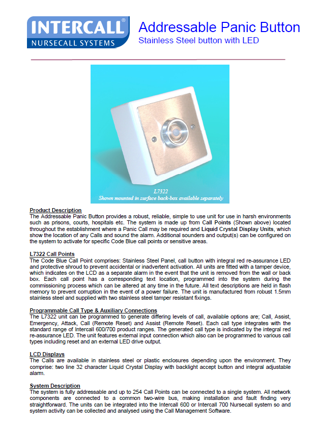 Intercall Nurse Call L7322 Addressable Panic Button